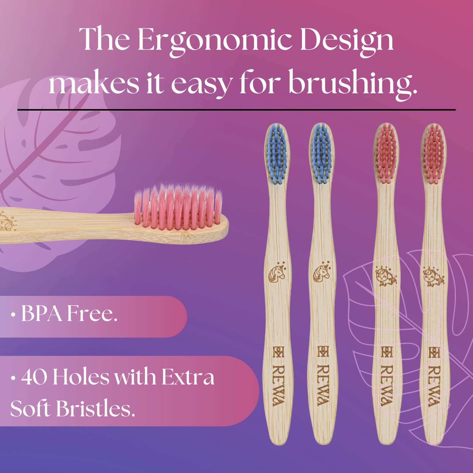 Rewa Kids Kawaii Unicorn l Children Bamboo Toothbrushes l Organic Compostable Natural Ayurvedic l Pack-4 l Soft Bristles BPA Free Pink (Sassy) & Blue (Shiny).