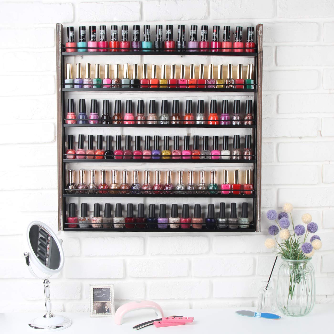 J JACKCUBE DESIGN Rustic Wood Nail Polish Organizer with 6 Tier shelves 100 bottles Wall Mount Display Rack Makeup Bottles Holder Storage for Nail Salon Bedroom Dress room - MK528A