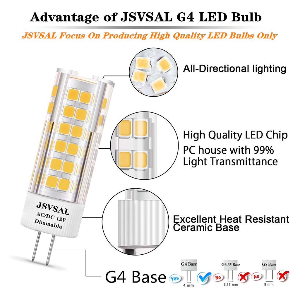 JSVSAL (4-Pack G4 LED Bulb Dimmable 7 Watt G4 Bulb Equivalent to 60W 70W G4 Halogen Bulb Replacement, T3 JC Type Bi-Pin G4 Base, DC/AC 12V Natural White-4000K G4 Light Bulb