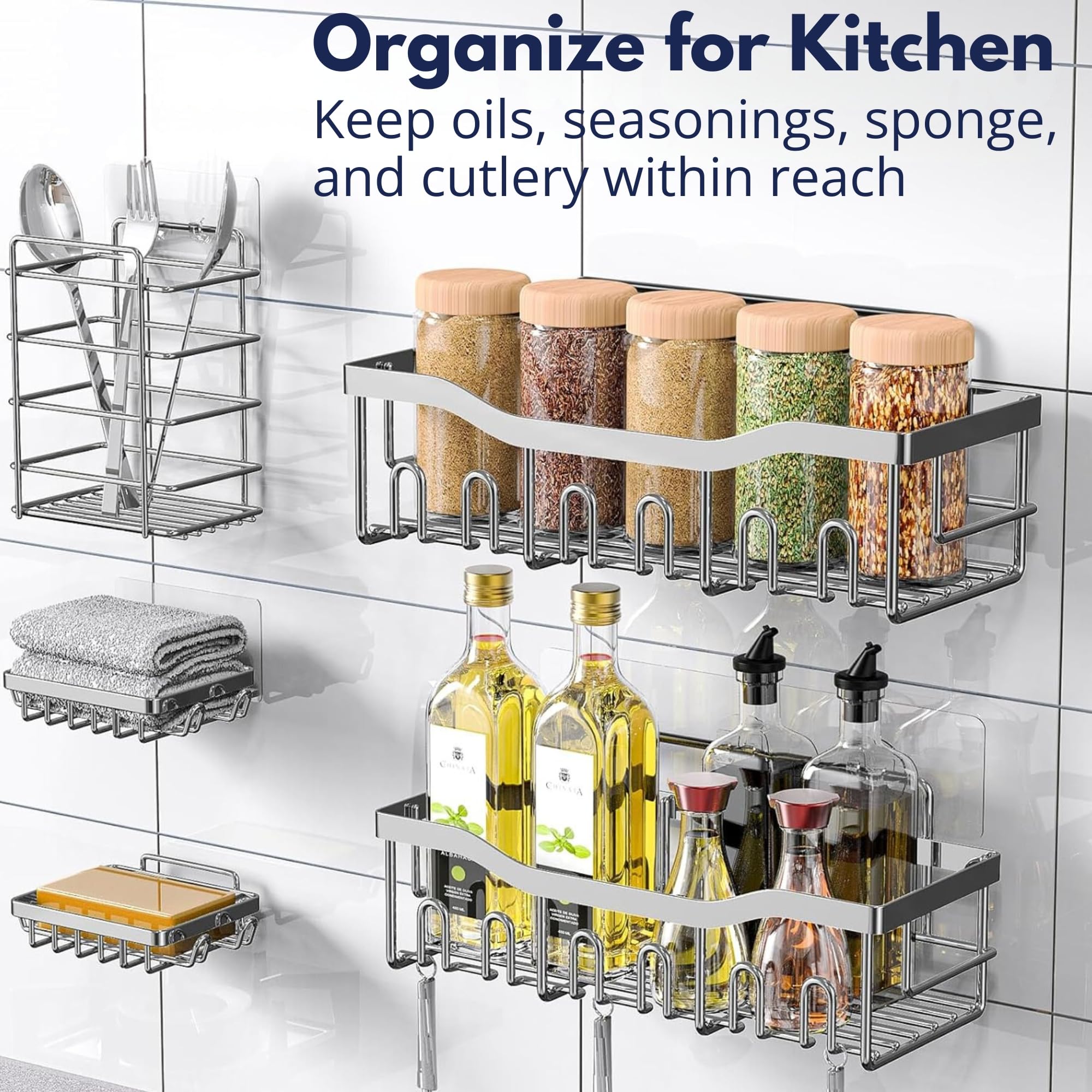 Rustproof Adhesive Shower Caddy Hanging - ASA STORES Silver 5-Pack No Drill Bathroom Organizer With 20 Hooks, Soap Holder,4 Snap Hooks-Stainless Steel Wall Mounted Storage For Kitchen & Home Decor