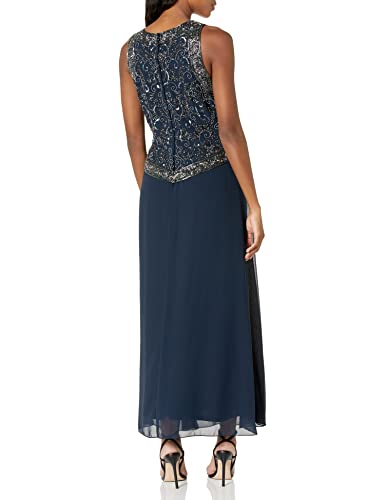 J Kara Women's Long Beaded V Trim Detail Dress with Scarf, Navy/Mercury/Gun, 6