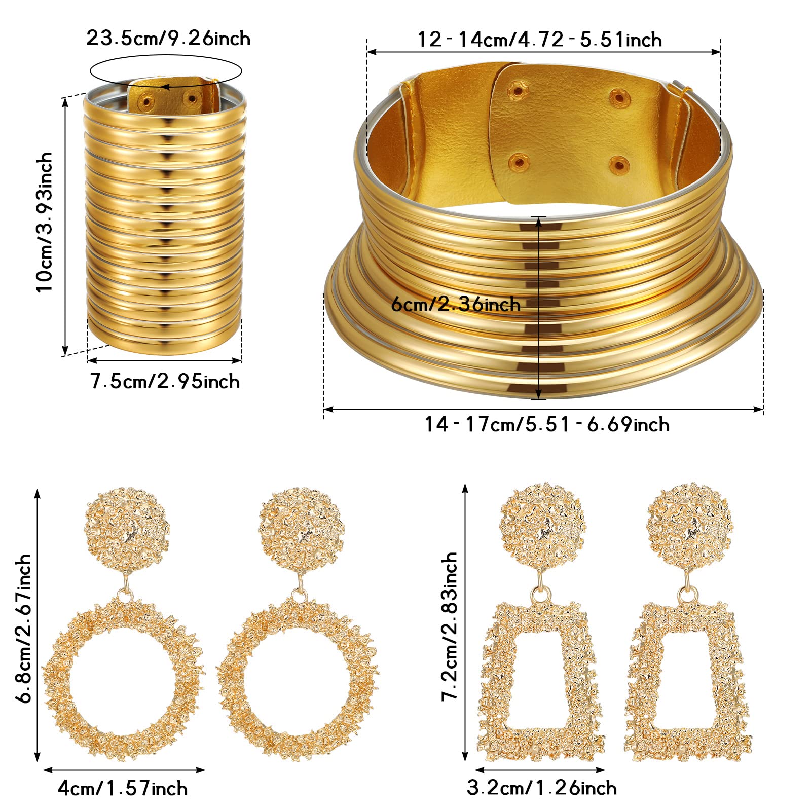 Junkin 5 Pieces African Vintage Jewelry Set Includes Statement Choker Egypt Gold Tone Long Neck Collar Leather Bracelet Stud Earring for Women