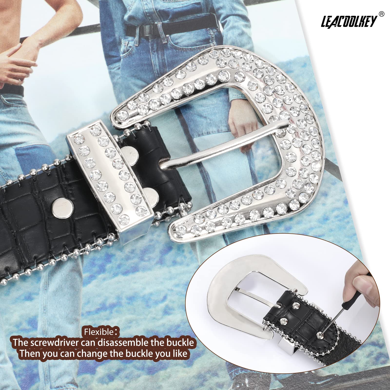 LEACOOLKEY Men Women Rhinestone Leather Belt for Jeans Dress Western Cowboy Shiny Diamond Studded Design Belt Plus Size
