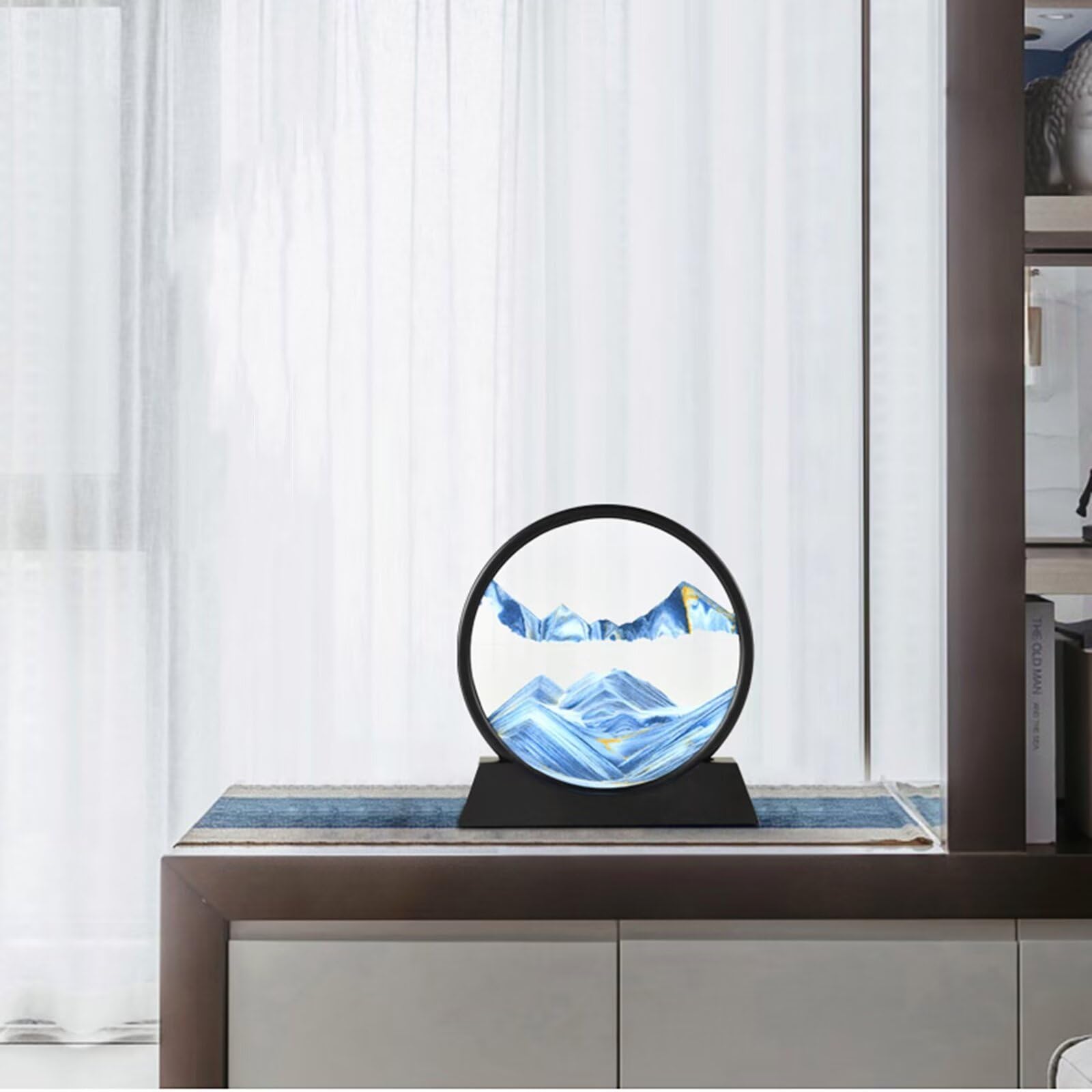 MUNSCVUS Moving Sand Art Picture in Motion, Round Tempered Glass 3D Deep Sea Sandscapes with Display Flowing Sand Frame for Relaxing Desktop Home Office Work Décor for Kids Adults (Blue, 12inch)