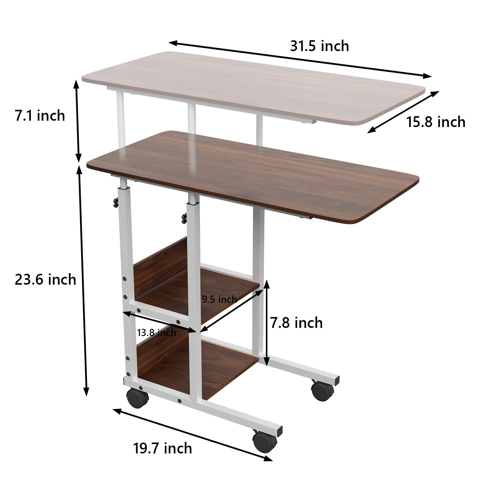 JACENHONE Home Office Desk Height Adjustable End Table Creative Laptop Cart Side Table with Wheels & Storage Shelves for Study Room Bedroom Living Room 16" D x 31" W x 33" H (Walnut)