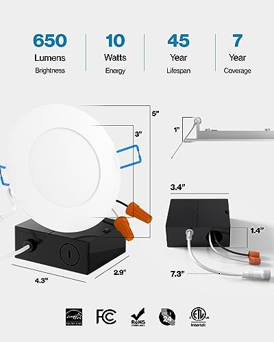 Sunco 12 Pack 4 Inch Ultra Thin LED Recessed Ceiling Lights Slim, 5000K Daylight, Dimmable, 10W=60W, Wafer Thin, Canless with Junction Box - Energy Star
