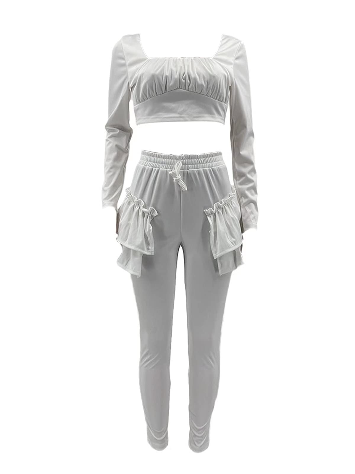 JURIS Women Sexy 2 Piece Tracksuits Set Solid Color Long Sleeve Crop Tops and Ruffle Bodycon Pants Outfits S White