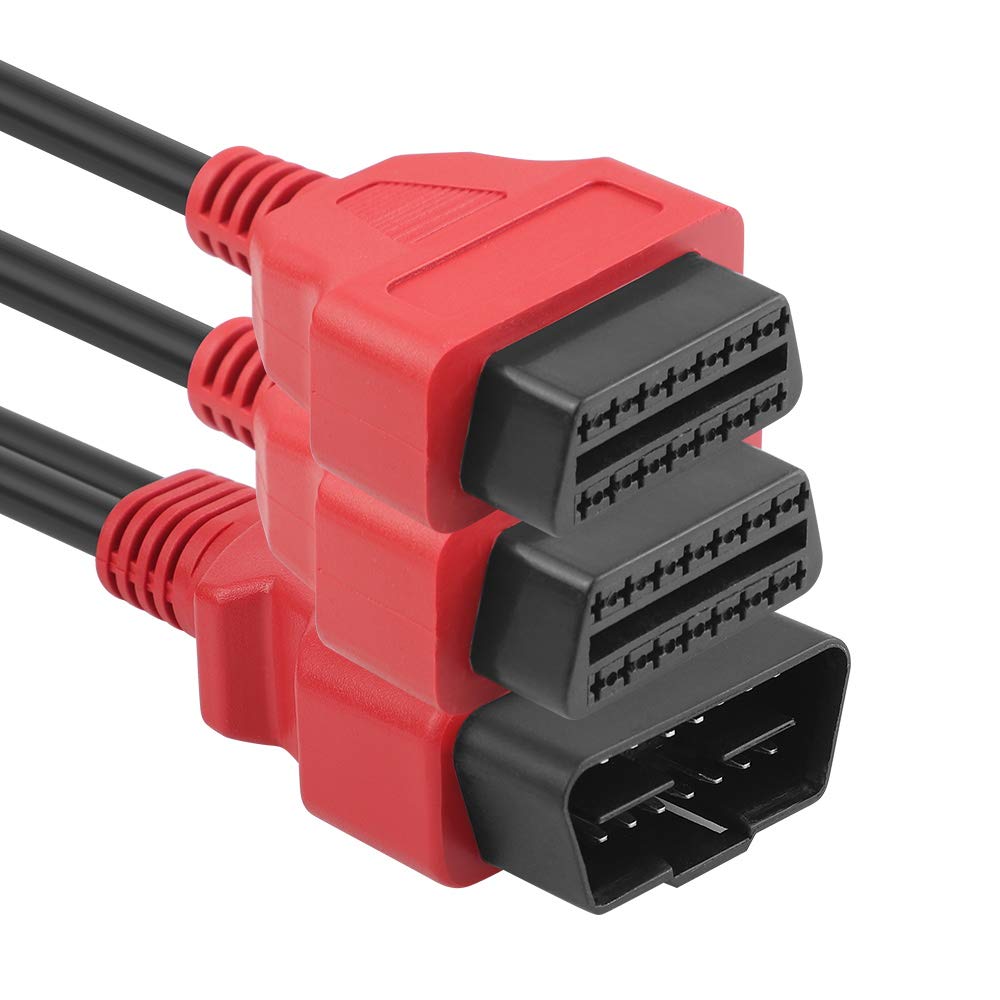 iKKEGOL 30cm/12 inch Ultra Low Profile OBDII Extension Cable, OBD II 2 Y Splitter Cable,1 Male to 2 Dual Female Y J1962 Ports Extension Connector Adapter Red