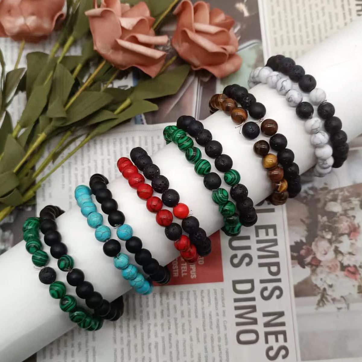 MOZAKA 2-12Pcs Mens Beaded Bracelets Couples Matching Bracelet Set Lava Rock Beads for Women Stone Jewelry, Stone, hematite