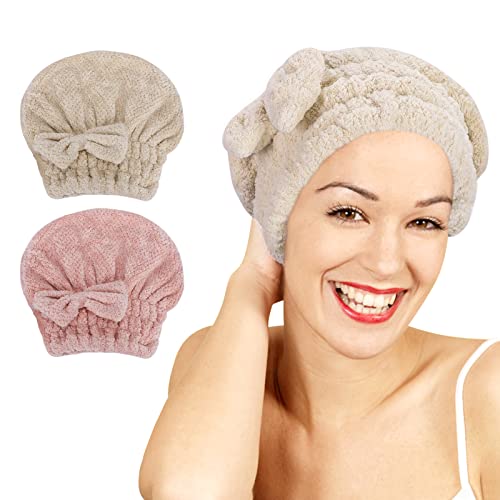 Unaone 2 Pack Microfiber Hair Drying Towels, Super Absorbent Turban Hair Towel Cap, Quick Dry Head wrap with Bow-Knot Shower Cap for for Curly, Long, Thick Hair & Wet Hair (Pink & Brown)