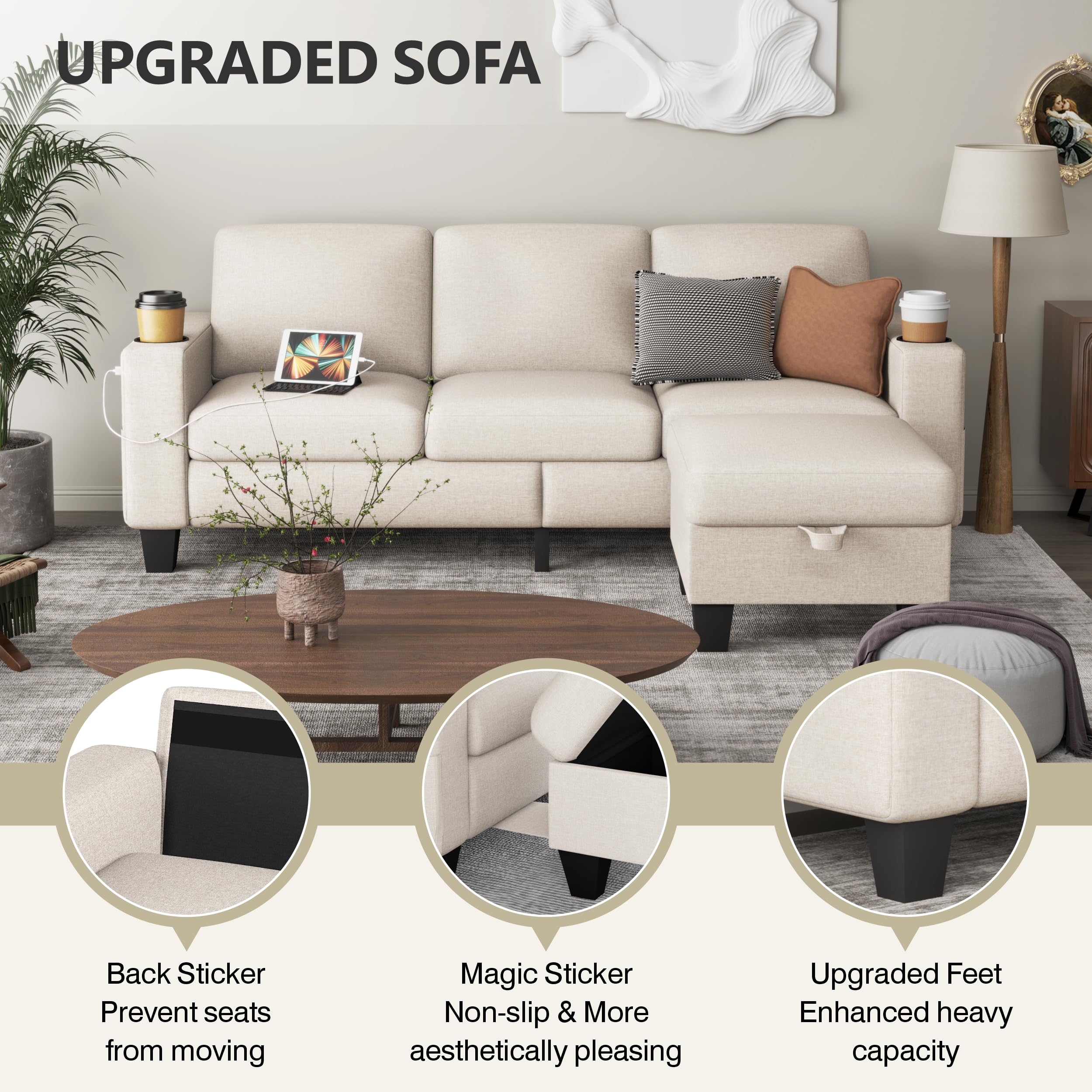 ZeeFu Convertible Sectional Sofa Couch: 3 Seat L-Shaped Small Sectional Sofa Couches with Storage Ottoman - Modern Black Velvet Upholstered Sofa Set for Living Room Office Small Space Apartment