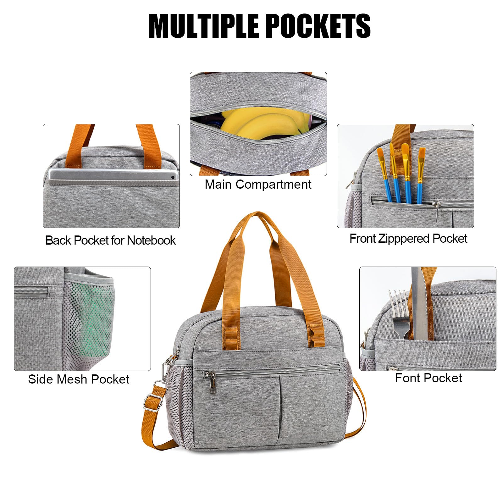 HSHPX Lunch Bag Women Insulated Adult Lunch Box Large Reusable Lunch Tote with Webbing Loop Cute Portable Lunch Cooler with Adjustable Shoulder Strap for Work Office Picnic (Gray)