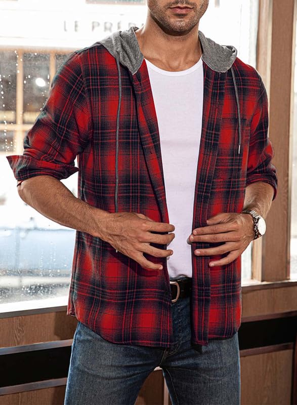 JMIERR Flannel Hoodies for Men Casual Button Down Plaid Long Sleeve Lightweight Winter Shirts Jackets,US 46 (XL),0Red