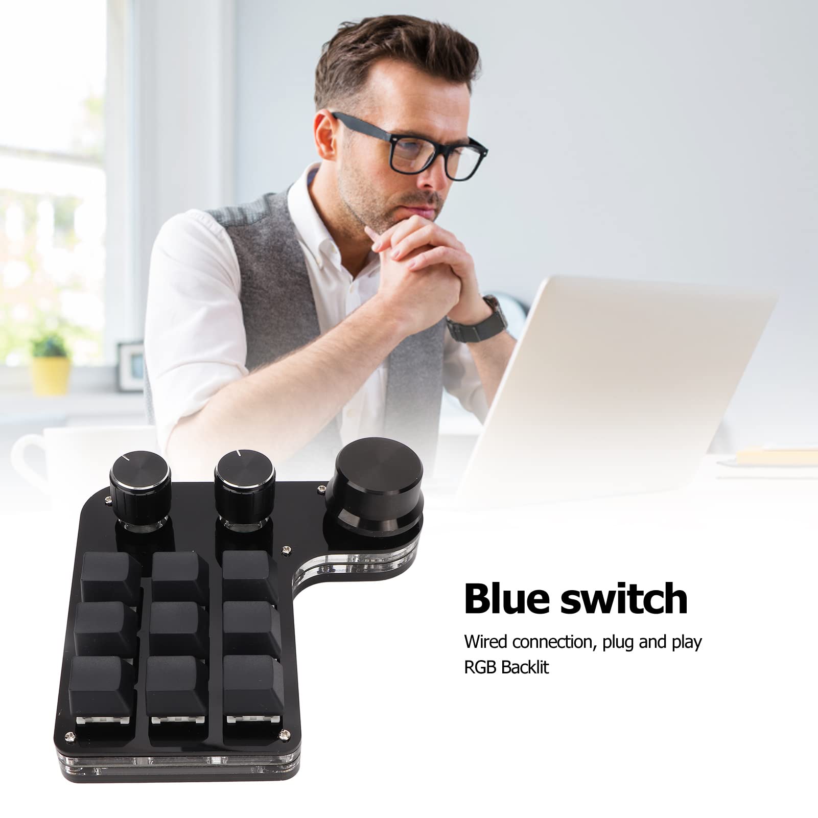 RGB Mechanical Gaming Keyboard 9 Key, One Handed Macro Keypad, LED Backlit Programmable Macro Mechanical Keyboard 3 Knob Blue Switch, for PC Game