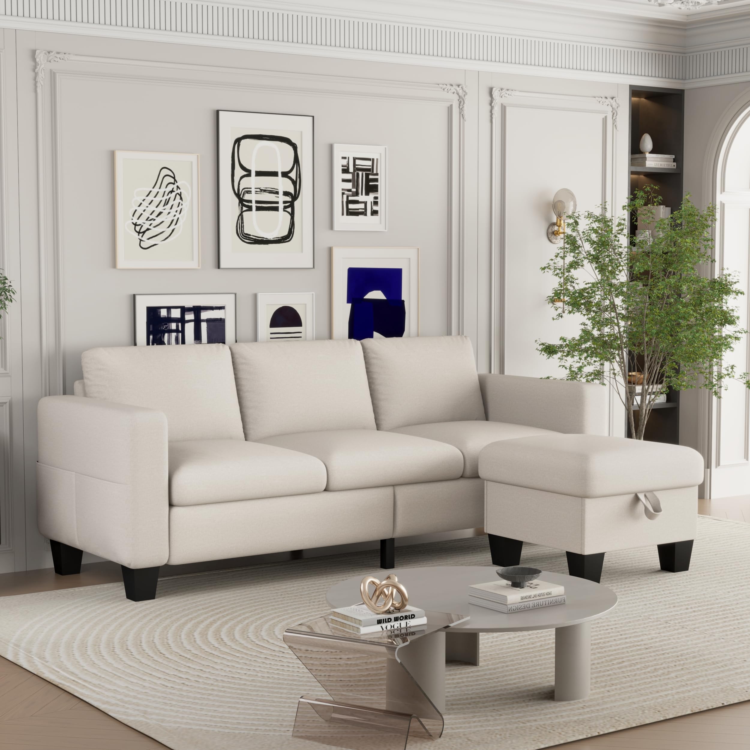ZeeFu Convertible Sectional Sofa Couch: 3 Seat Black Velvet L-Shaped Sectional Sofa Couches with Storage Ottoman-Modern Classic Upholstered Sofa Couch Set for Living Room Office Apartment Small Space