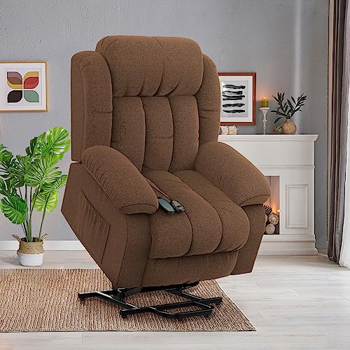 YONISEE Power Lift Chairs Recliner for Elderly with Massage and Heat - Heavy Duty Extra High Backrest Reclining Chair for Tall, Overstuffed Fabric Cozy Sofa with 2 Side Pocket, Dark Brown