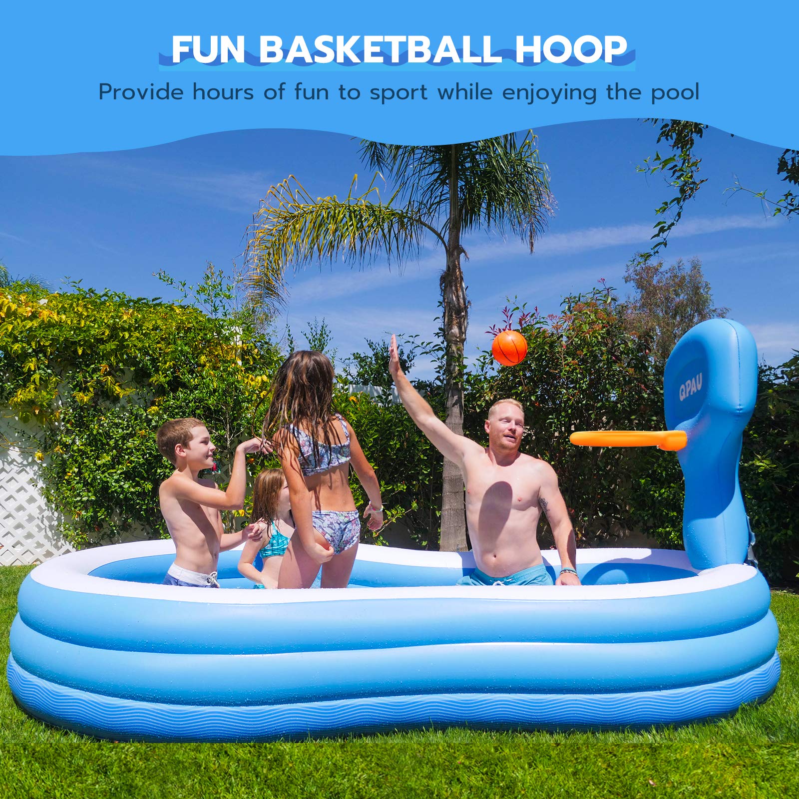 QPAU Inflatable Swimming Pool, Blow Up Pool,Inflatable Pool with Basketball Hoop Family Pool for Kids, Adults, Outdoor, Backyard, Pool Party