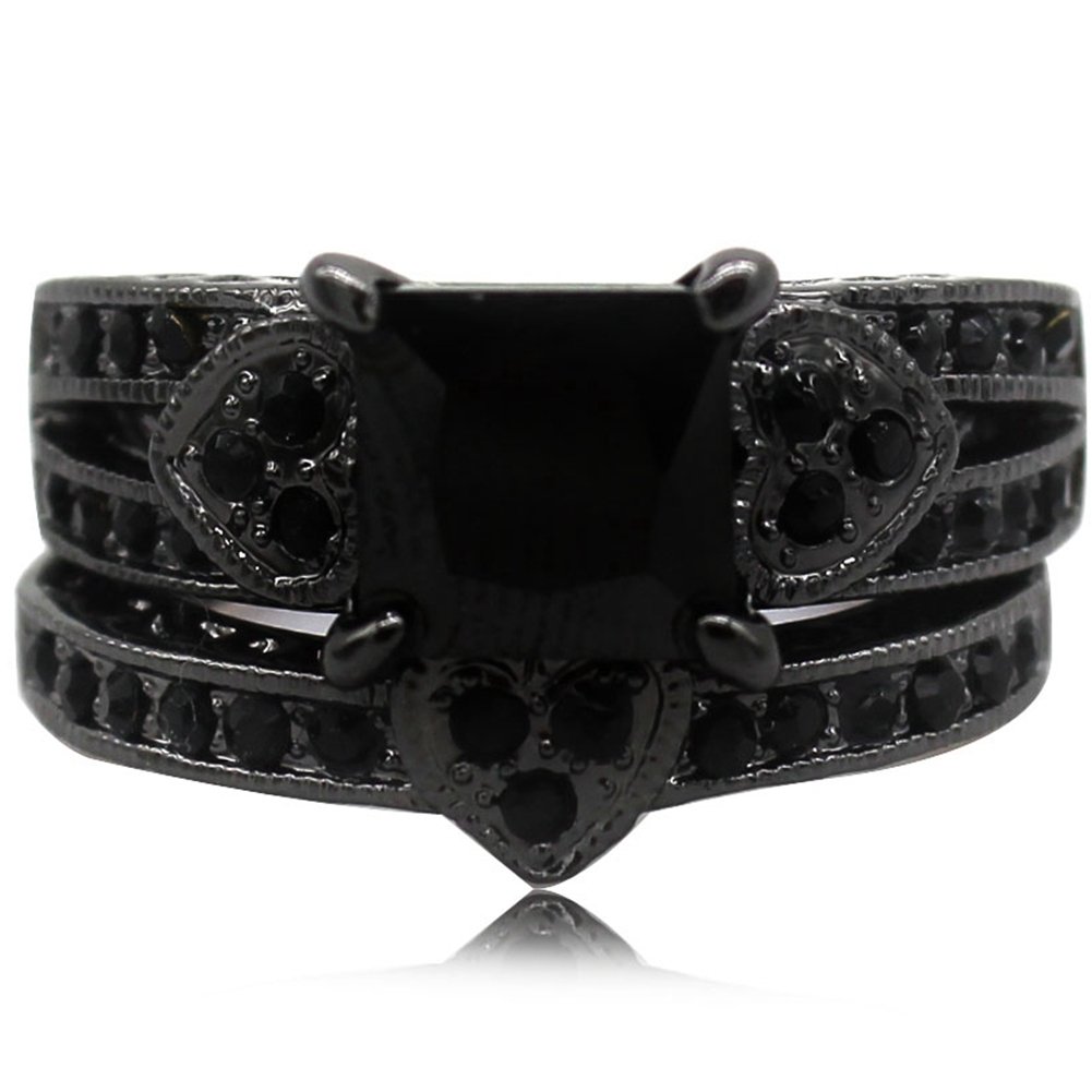 Jude Jewelers Black Rhodium Plated Princess Cut Heart Shape Wedding Engagement Bridal Ring Set (Black, 7)