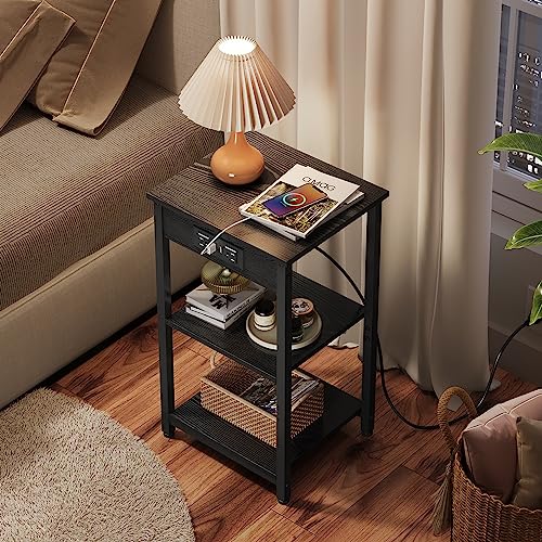 WLIVE End Table with Charging Station and USB Ports, 3-Tier Side Table with Adjustable Shelf, Side Table with Outlet for Small Spaces, Living Room, Bedroom, Black
