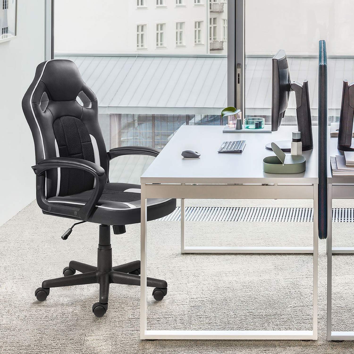 KaiMeng Office Gaming Ergonomic High Back Leather Adjustable Desk Executive Computer Racing Chair, White