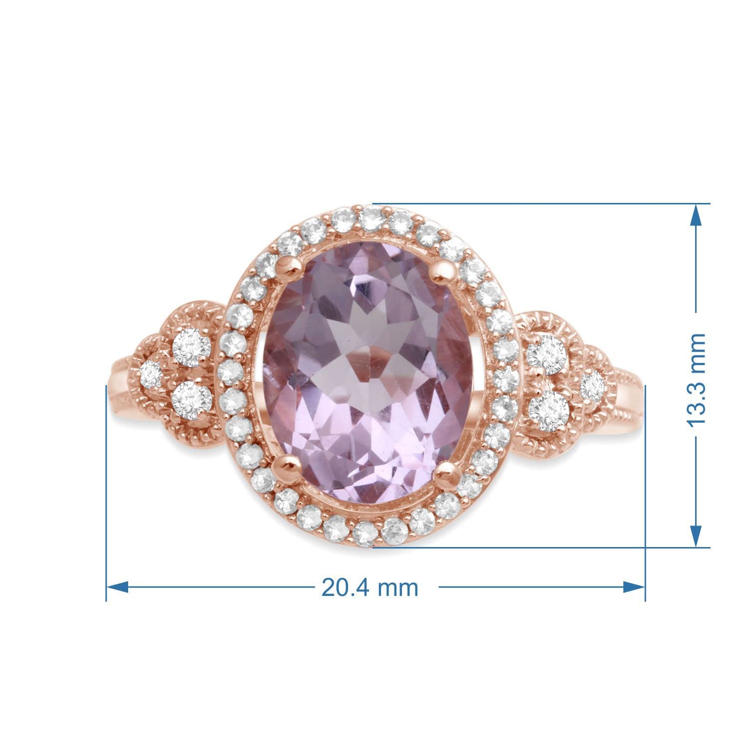 Jewelili 10K Rose Gold with 10x8 MM Oval Shape Rose De France and Created White Sapphire Halo Ring, Size 7