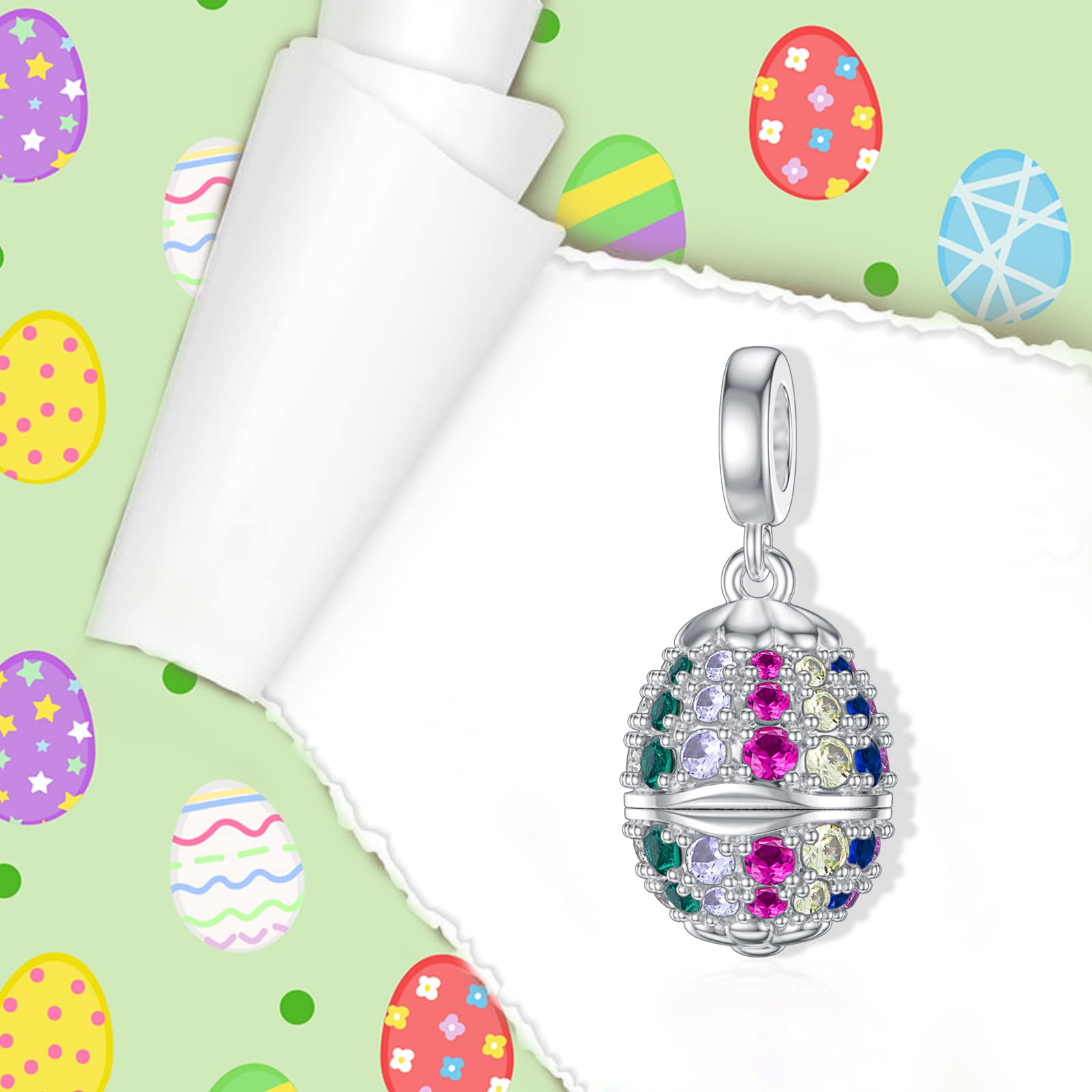 LONAGO Easter Egg Charm for Bracelet, 925 Sterling Silver Egg Bead Charm with Pearl Embellished Twelve Synthetic Birthstones Gift for Women Girls