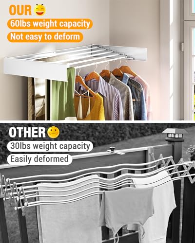 Wall Mounted Drying Rack, 31.5" Wide, 13.2 Linear Ft, 100% Aluminum Rods Space Saving Clothes Drying Rack with Wall Template for Indoor & Outdoor Organization, 60 lb Capacity (White 31.5" Medium)