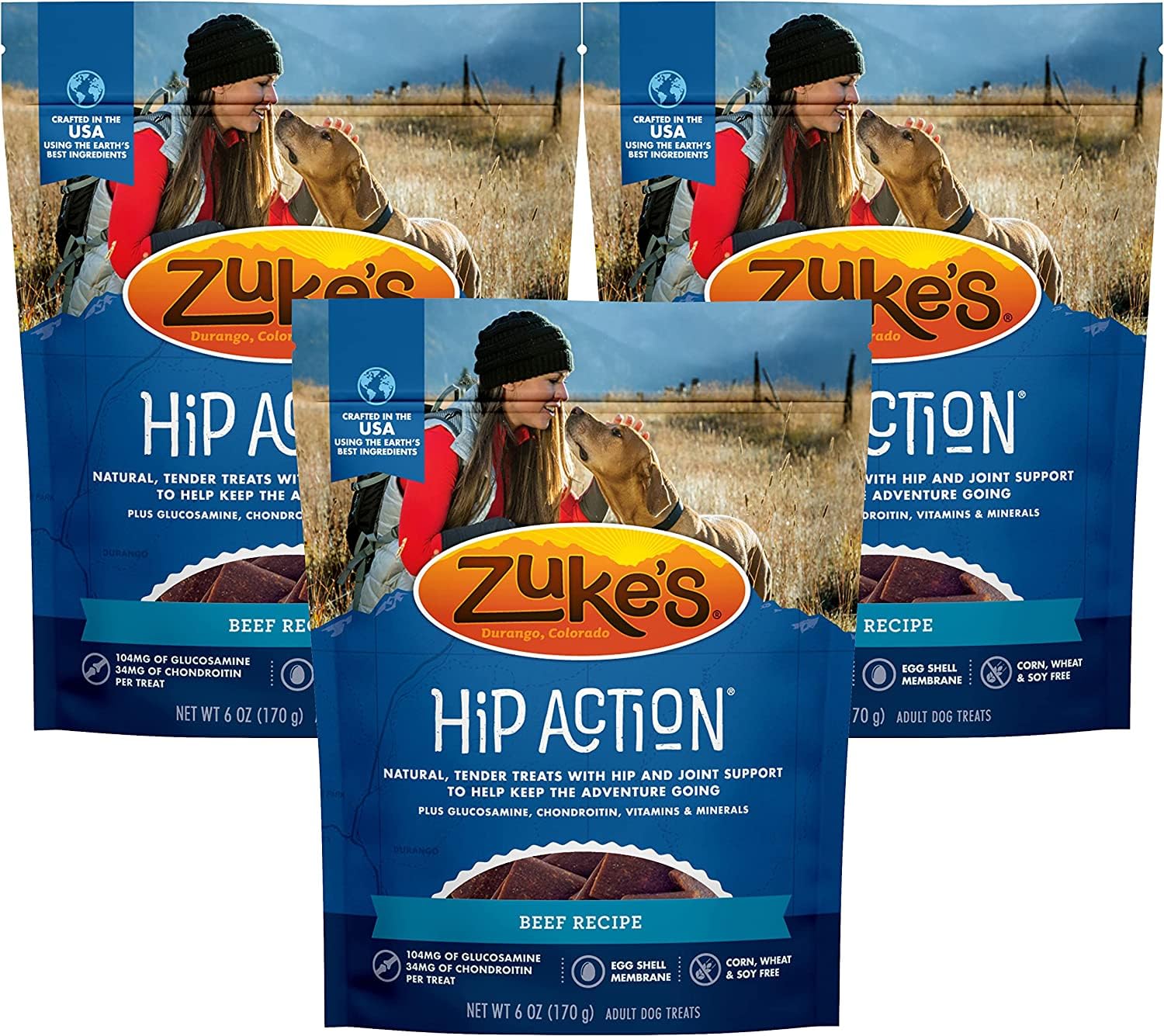 Zuke's Hip Action Dog Treats, Beef Recipe, Natural & Tender Dog Treats with Hip & Joint Support, Dog Treats for Adult Dogs 6 Ounce (Pack of 3)