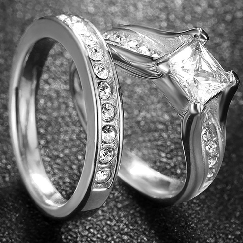Jude Jewelers Stainless Steel Princess Cut Wedding Engagement Ring Set Anniversary Propose Eternity Bridal Halo (7.5)