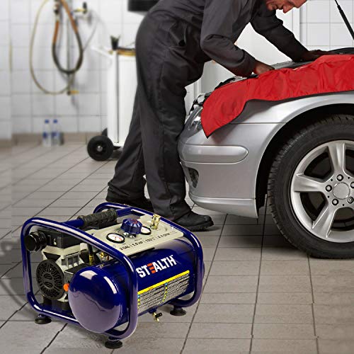 Stealth Portable Ultra Quiet 3 Gallon 1 Horsepower Oil-Free Pump Air Compressor 2.5 CFM @ 90 PSI Electric Air Compressor, Max 150 PSI Portable Air Compressor for Garage Innovation Work SAQ-1301 Blue