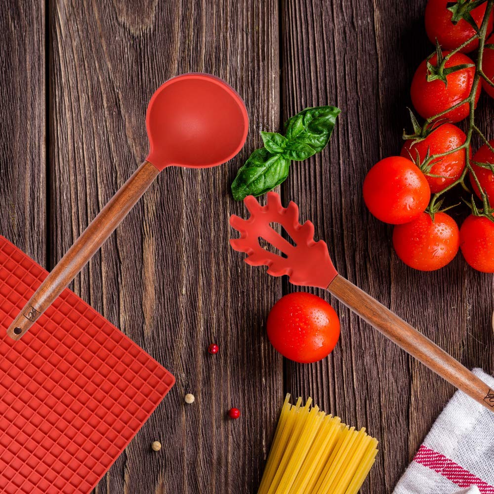 Instylecraft Silicone Kitchen Utensils Set Red Wood Cooking set, Kitchen Utensils Tools, Wooden Handle Spoons, Multi-functional TRIVET MAT BPA Free, Non Toxic, FOOD-GRADE SILICONE