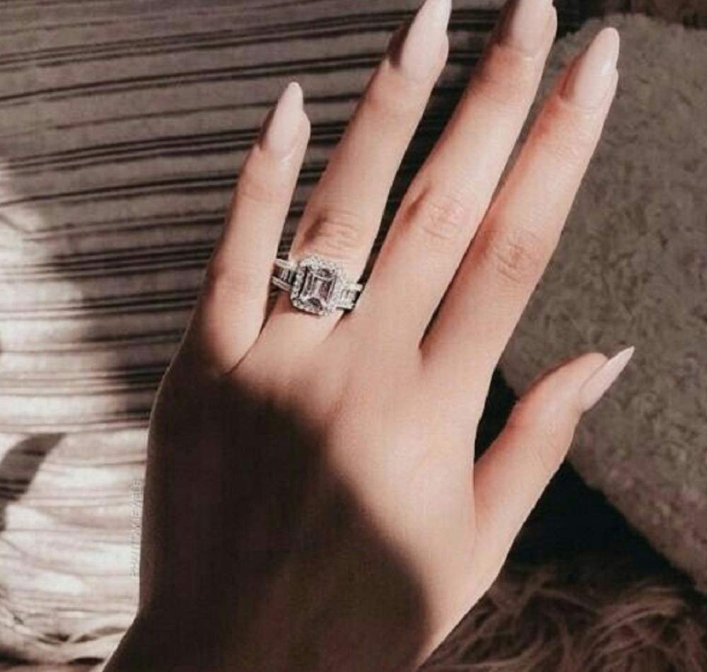 LVTING Princess Cut Cubic Zirconia Ring 925 Silver Engagement Wedding Ring CZ Simulation Diamond Ring Gorgeous Personality Square Wheel Ring Marriage Studded Ring for Women (7#)