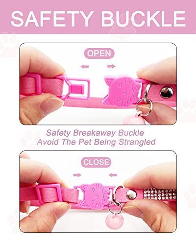 Solmoony Breakaway Cat Collars with Bell,Adjustable Safe Kitten Collar,Cat Collars for Girl Cats with Rhinestone Soft Velvet (Pink)