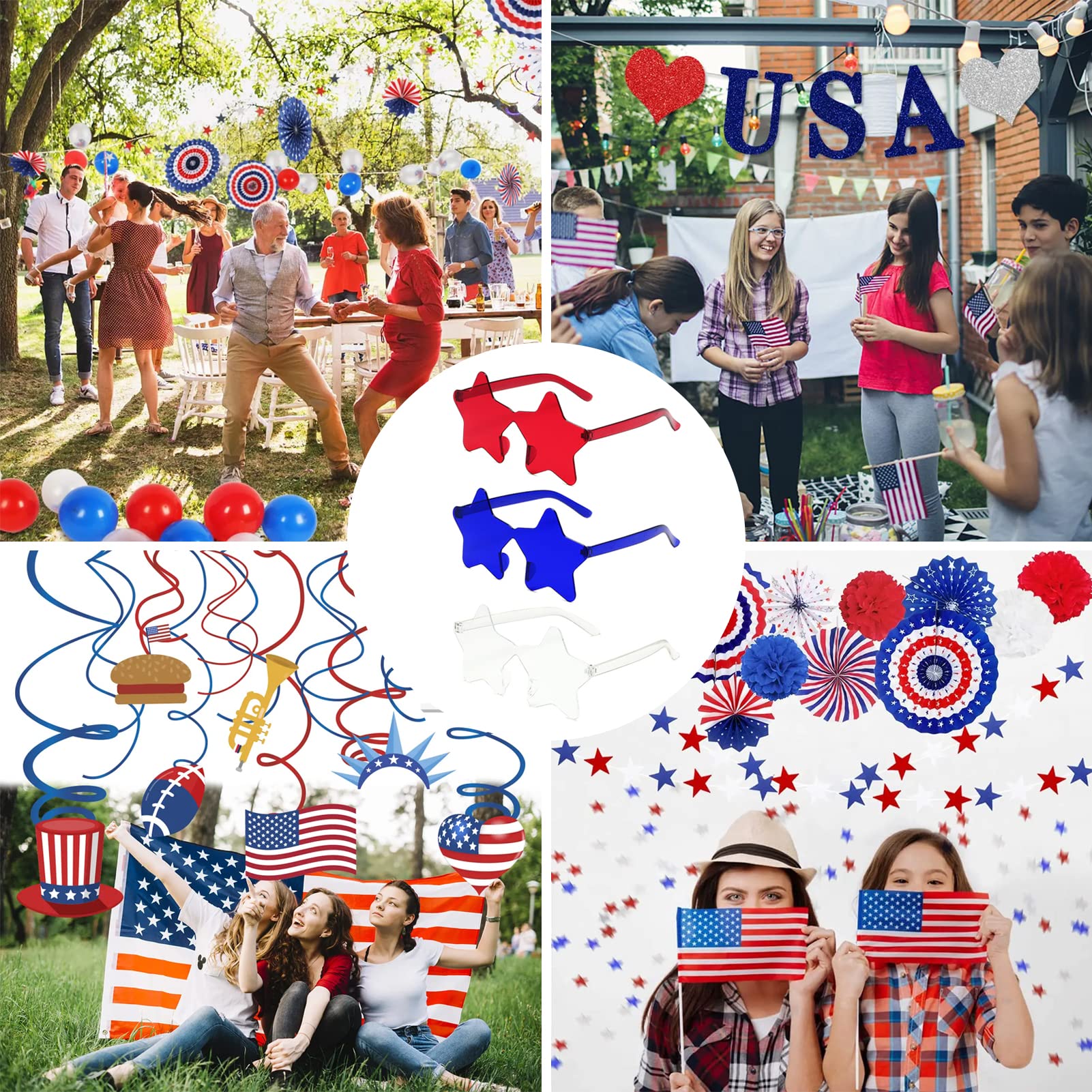 QXBXYHM 6 Pcs Independence Day Star Shaped Rimless Sunglasses Transparent Pentagram Glasses 4th of July Red White Blue Disco Glasses