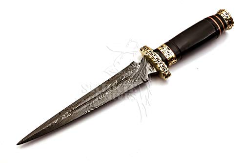 Skokie Knives Custom Hand Made Damascus Steel Hunting Dagger Knife Handle Bull Horn with Brass Spacer (Black Bull)