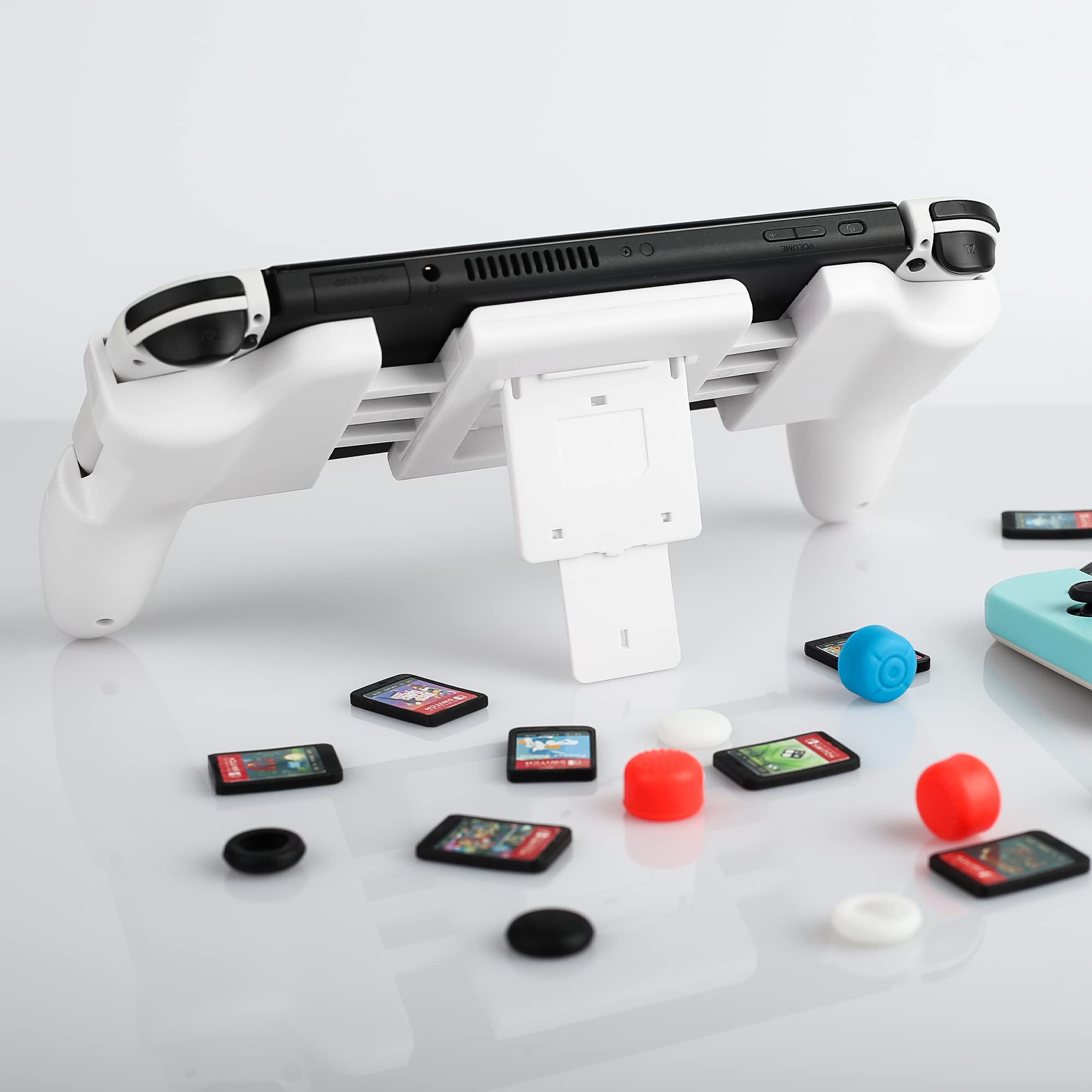 LASTYAL Adjustable Handle Grip for Nintendo Switch OLED Model and Switch Standard Edition with 2 Game Card Slots Holder Design, Ergonomic Foldable Grip for Switch Lite with 8 Thumb Grip Caps