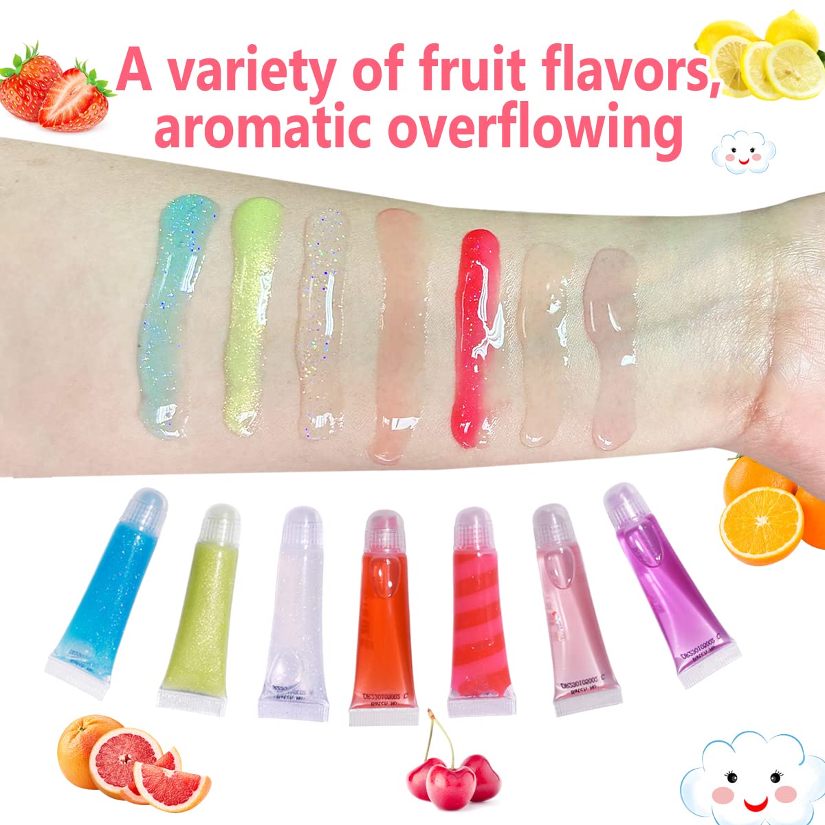 M&U Sparkle Lip Gloss Set with Handbag, 7Pcs Assorted Flavors Hydrating Lip Balm Party Favor Make-up for Kids and Teens Ages 5+