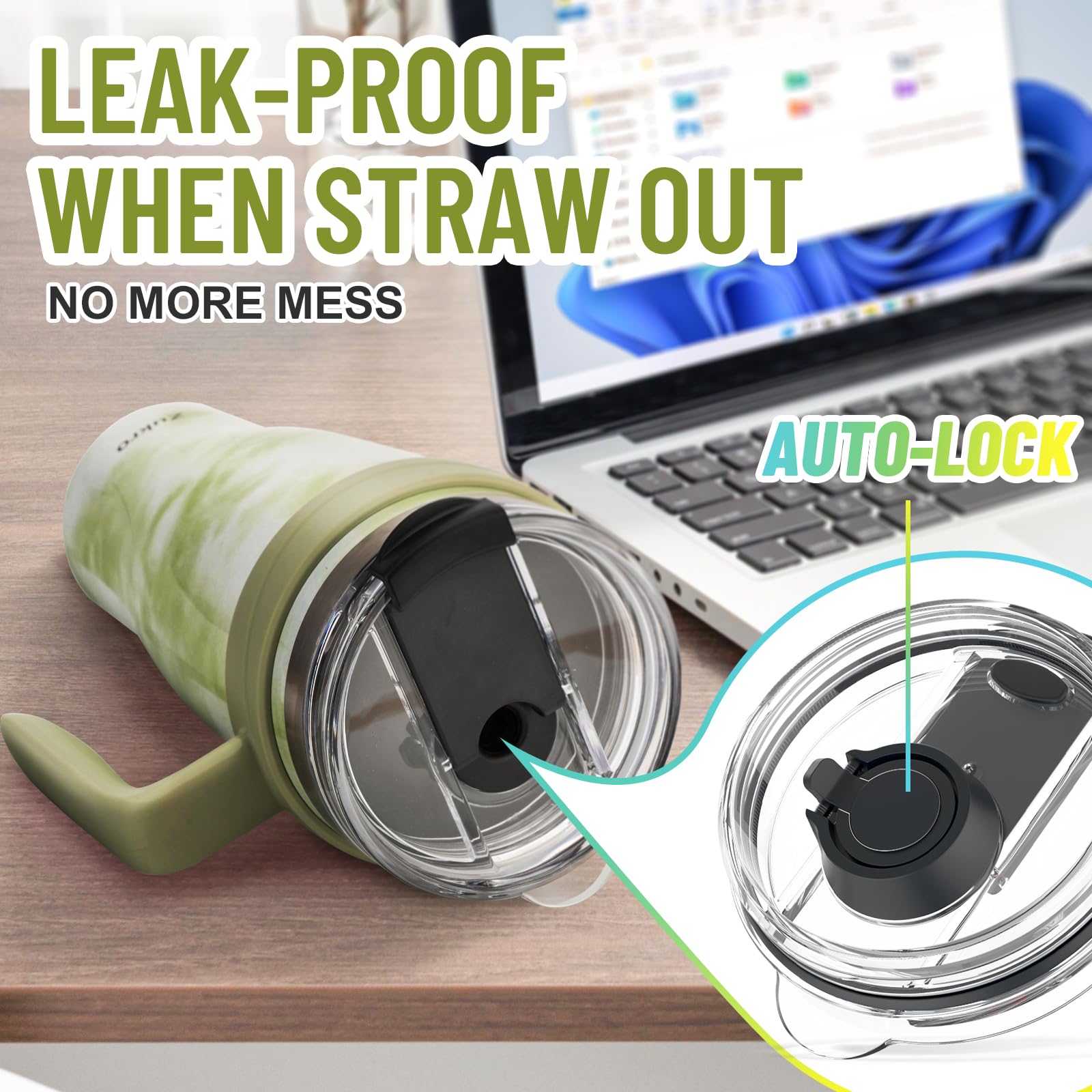 Zukro 40 oz Tumbler With Handle and Straw, Leak Proof Vacuum Insulated Stainless Steel Cup with 2-in-1 Screw on Lid, Fit in Cup Holder, No Sweat, Keeps Drinks Cold 24 Hours