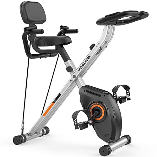 YOSUDA Exercise Bike, Folding Exercise Bike for Seniors 330LB/270LB Capacity, Magnetic X-Bike with 16-Level Resistance, Back Support Cushion for Home Gym Workout
