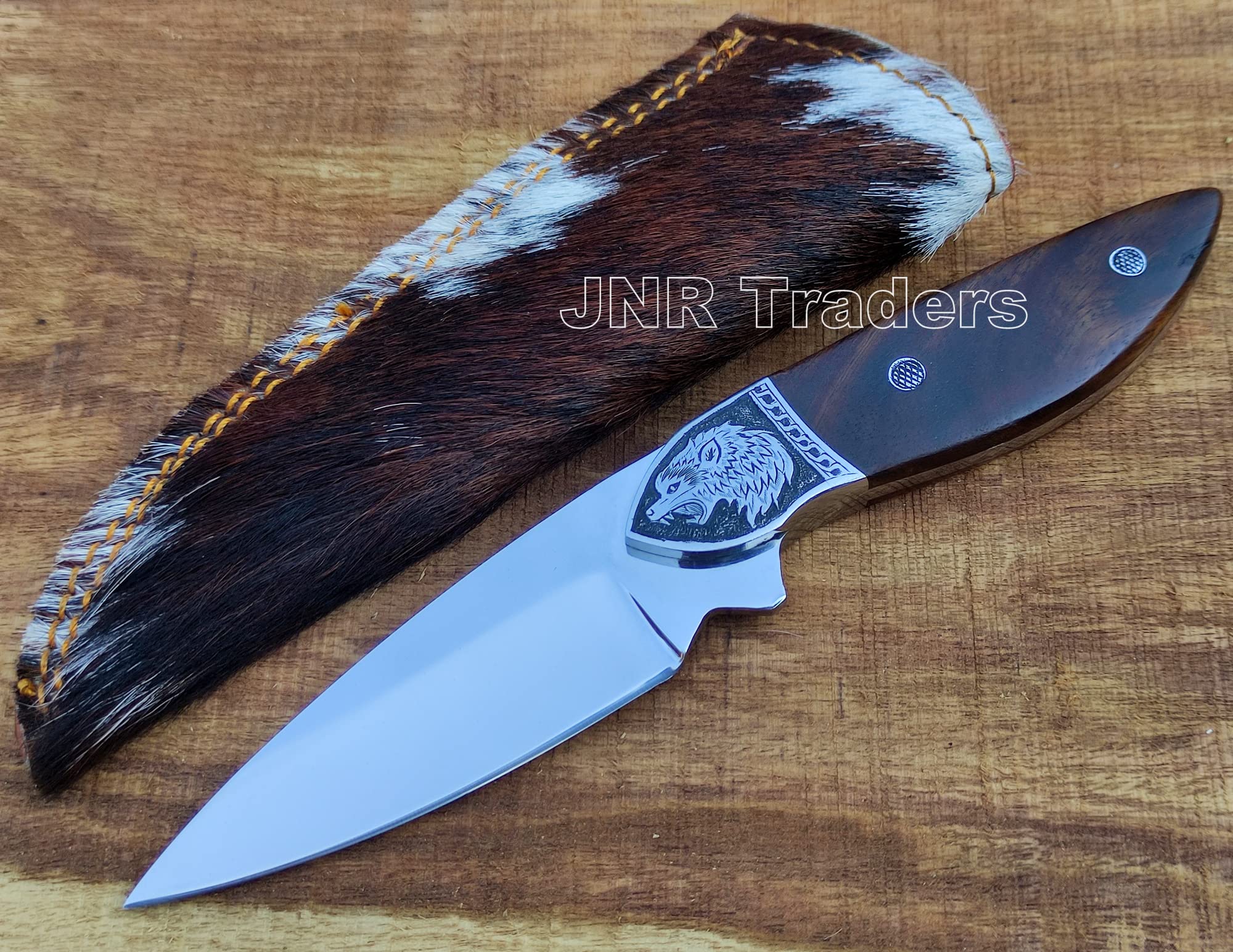 JNR Traders Handmade Hunting Knife With Sheath Mirror Polished D2 Steel 4 Inch Blade Engraved Deocrative Wood Handle 3749