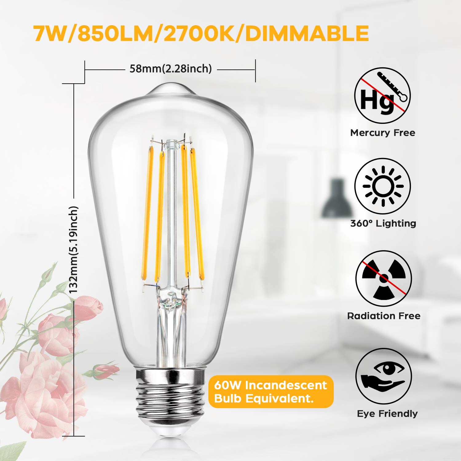 Lakumu 12-Pack Dimmable Vintage LED Edison Bulbs Equivalent 60W Incandescent, 7W Warm White 2700K ST58 Antique LED Filament Bulbs with E26 Medium Base, Super Brightness 850LM, Clear Glass