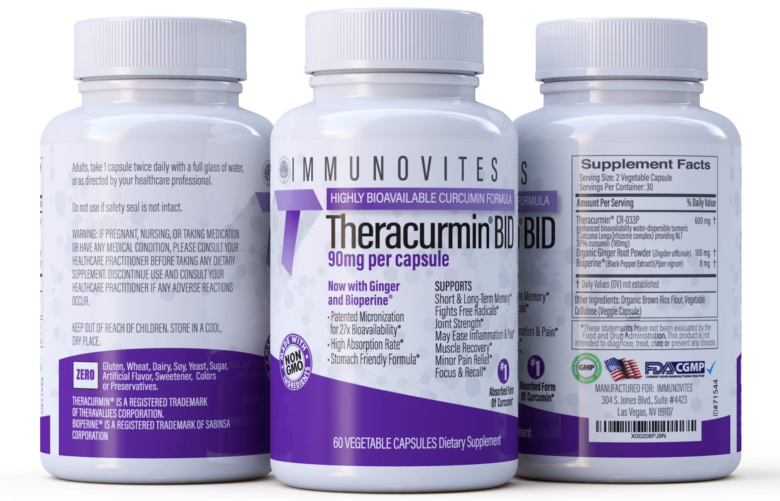 IMMUNOVITES Theracurmin BID 300mg (Curcumin 90mg per Cap.) [[600mg per Serving]] - Now w/Ginger & Bioperine (60ct Bottle)