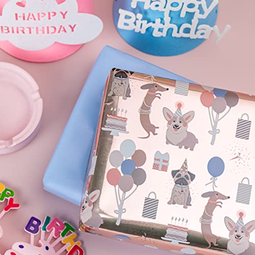 WRAPAHOLIC Reversible Birthday Wrapping Paper - Mini Roll - 17 Inch X 33 Feet - Adorable Dogs with Metallic Foil Shine and Solid Blue for Birthday, Party, Baby Shower