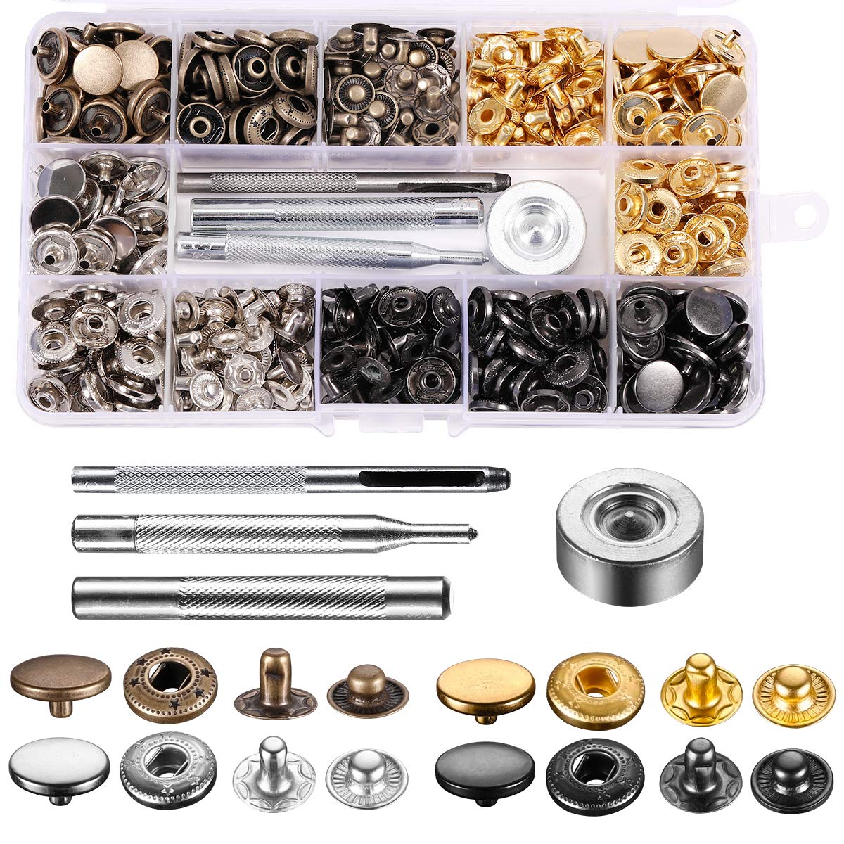 Leather Snap Button Fasteners Kit - Happon 120 Sets Metal Snap Kit with Punch Hole Pliers Press Rivets Repair Tool for Sewing Clothing Jeans Jacket - 4 Colors Snaps Studs Replacement