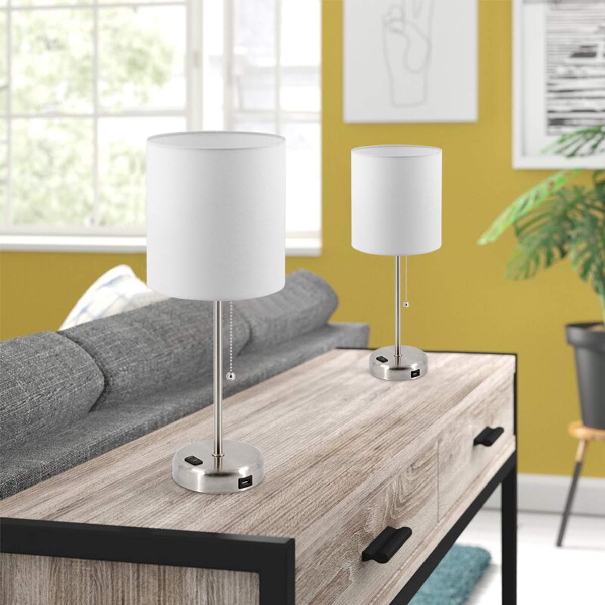 Kukobo Bedside Table Lamps for Bedroom Set of 2, 3 Color Temperature Nightstand Lamp for Living Room with USB Charging Port & AC Outlet, Pull Chain White Shade, 2 Blubs Included.
