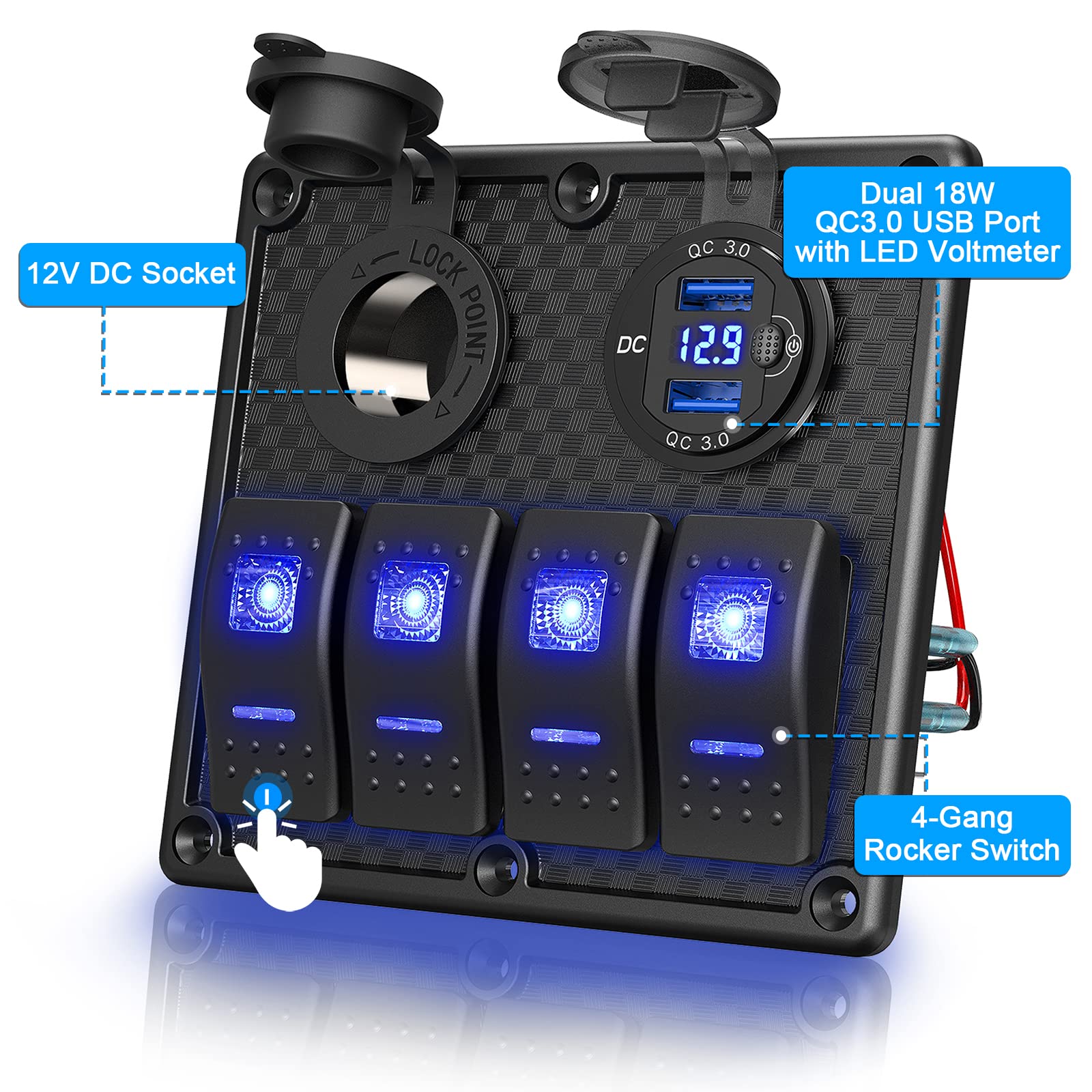 Ouffun 4 Gang Marine Boat Rocker Switch Panel, 12V Waterproof RV Led Switch Panel for for Car Truck RV Boat Aluminum Dual QC3.0 USB Charger Socket with LED Voltmeter Power Switch, 150W DC Power Socket