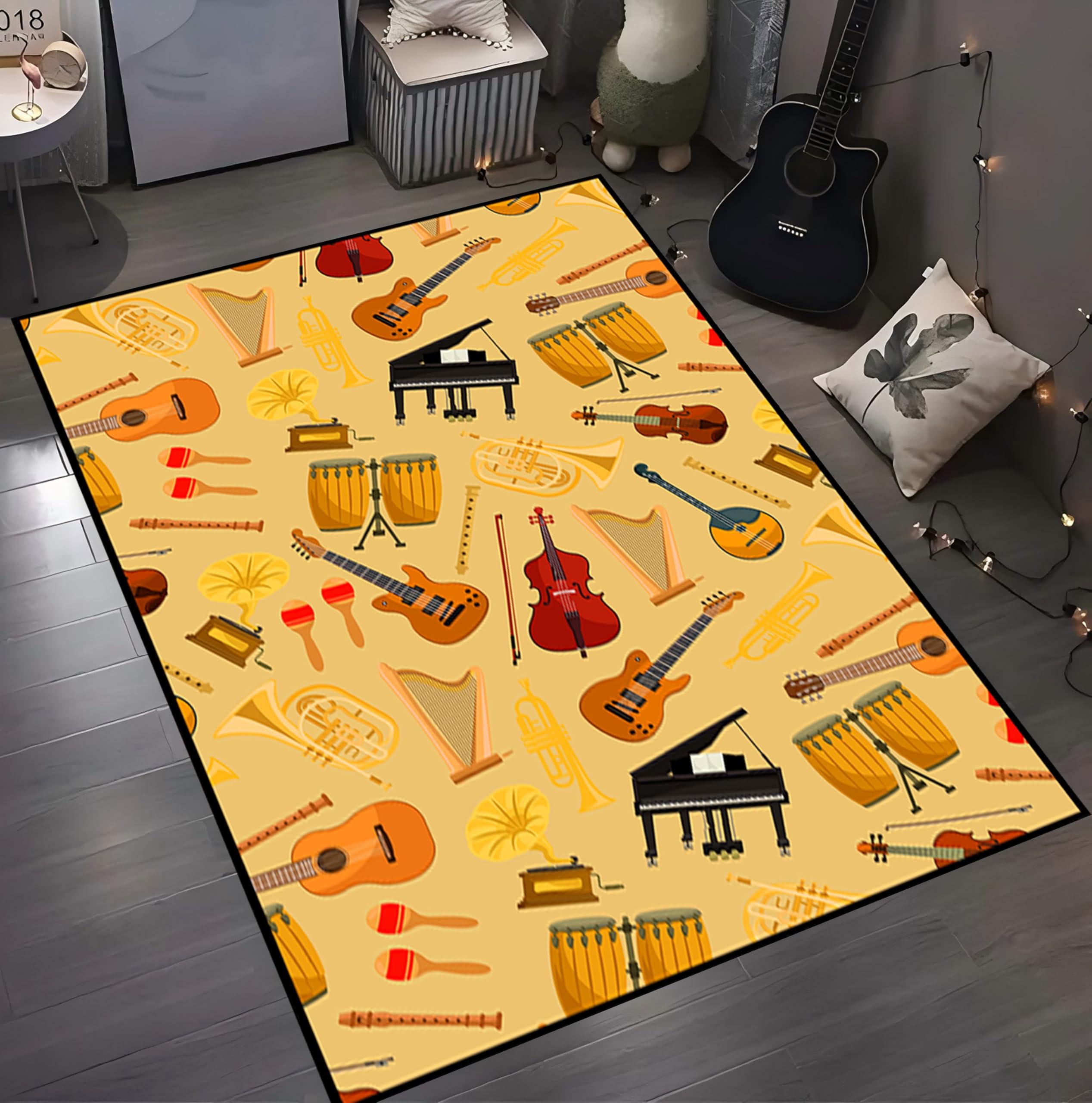 Vintage Music Rugs,3x5ft,Musical Instruments Patterns Drums Violin Piano Rug Guitar Rug,Anti-Slip Washable Rugs Yellow Rug Vintage Music Rugs for Bedroom Classroom Living Room Study Recording Studio