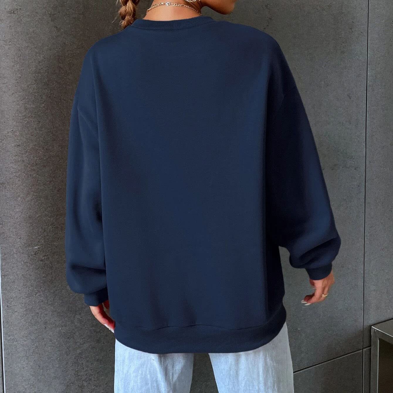 Mutumobo Women Oversized California Letter Graphic Fleece Sweatshirt Long Sleeve Crewneck Drop Shoulder Pullover Jumper Navy Blue