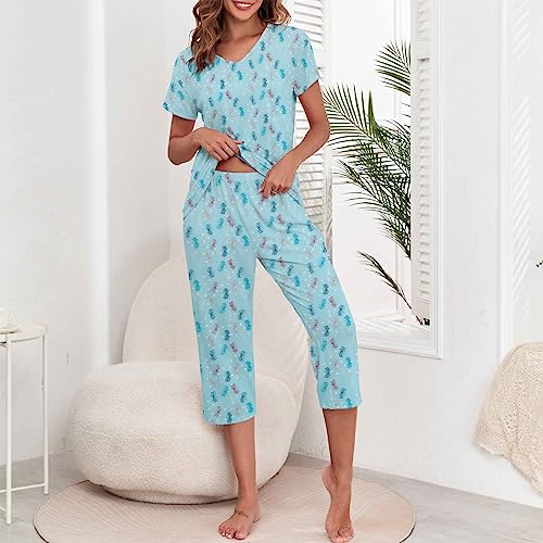 Women Summer Pajamas Soft Sleepwear Top with Capri Pants Ladies Short Sleeve Cotton Pajamas Sets Blue Butterfly X-Large
