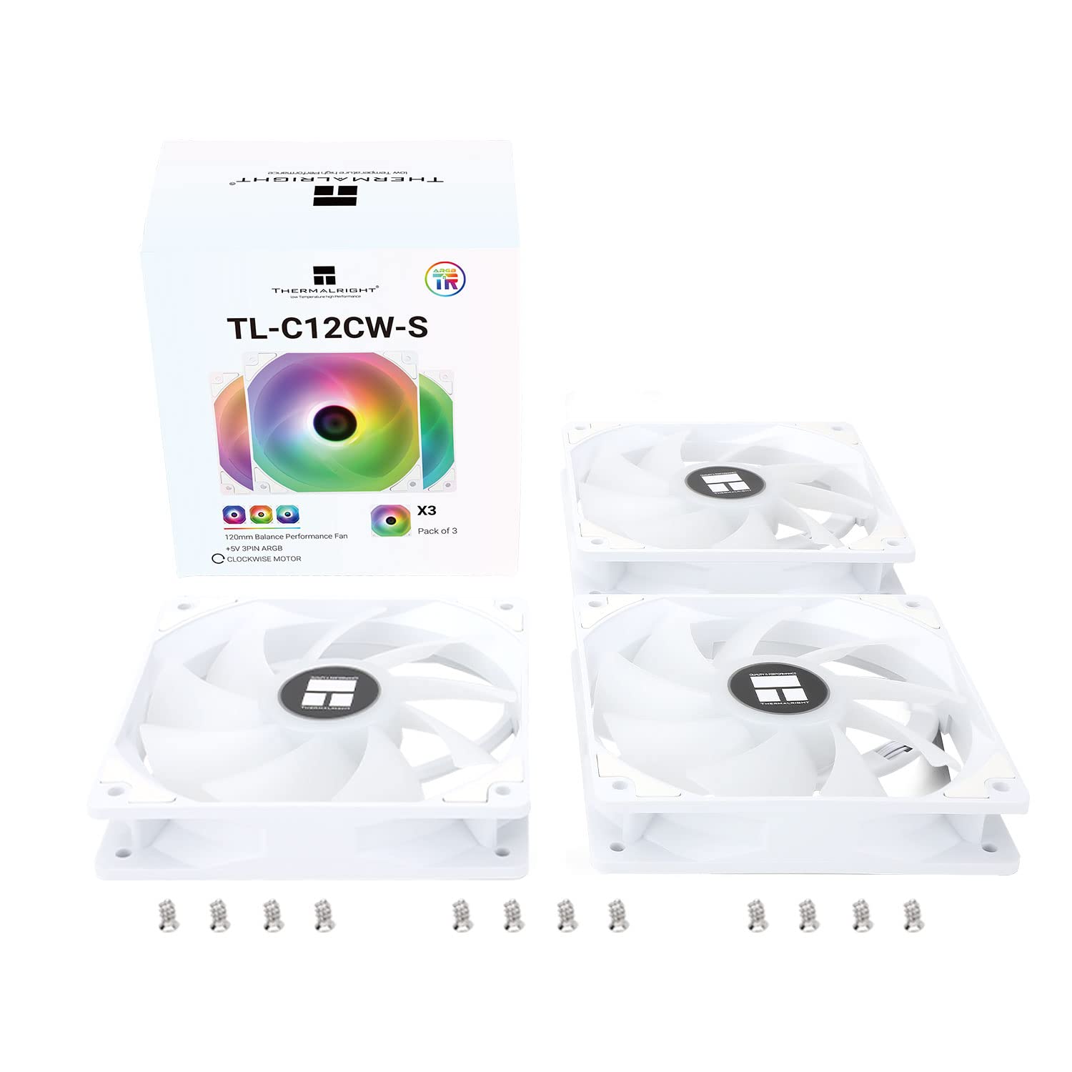 Thermalright TL-C12CW-S X3 CPU Fan 120mm White ARGB Case Cooler, 4pin PWM Silent Computer Cooling Fan with S-FDB Bearing Included, up to 1550RPM(3 Quantities)